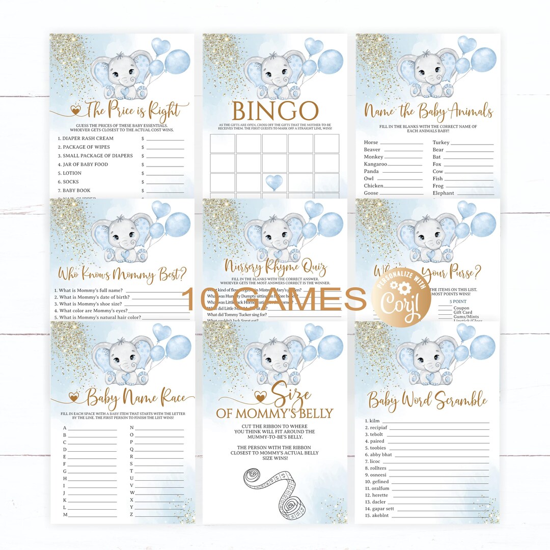 Elephant Boy Baby Shower Games Package, Editable Elephant Navy Blue ...