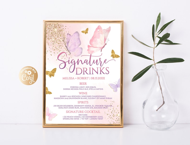 Butterfly Editable Signature Drinks, Butterfly Signature Drink Sign ...
