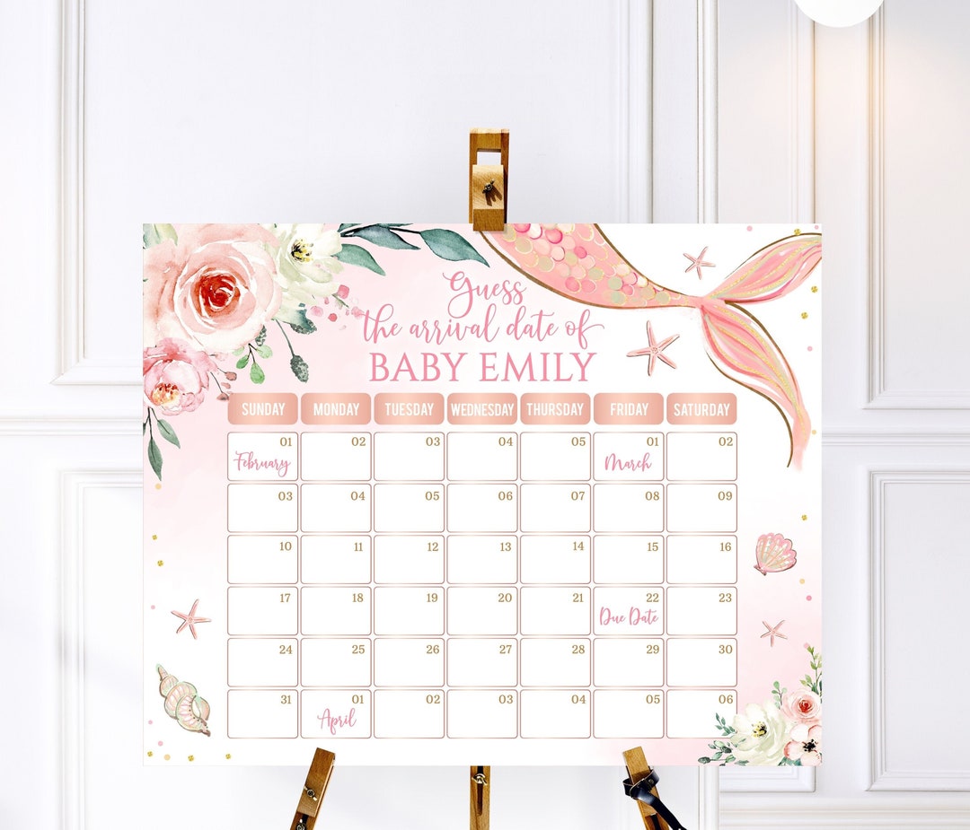 Editable Mermaid Pink White Rose Due Date Calendar, Guess the Due Date ...