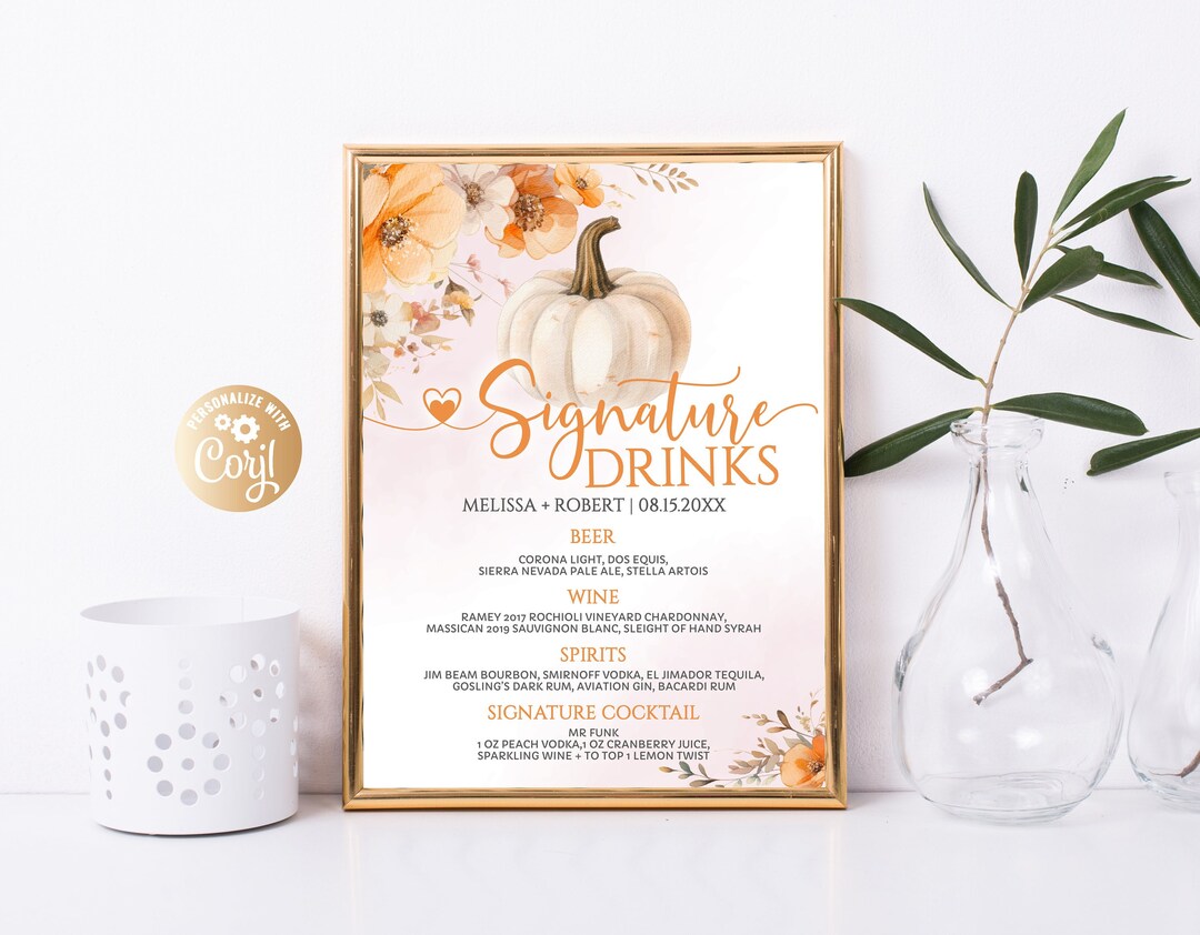 Editable Pumpkin Signature Drinks Boho, Pumpkin Fall Signature Drink ...