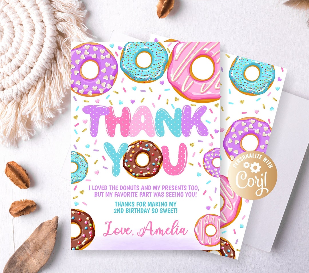 Editable Donut Thank You Card, Donut Thank You Card Note Pink Girl ...