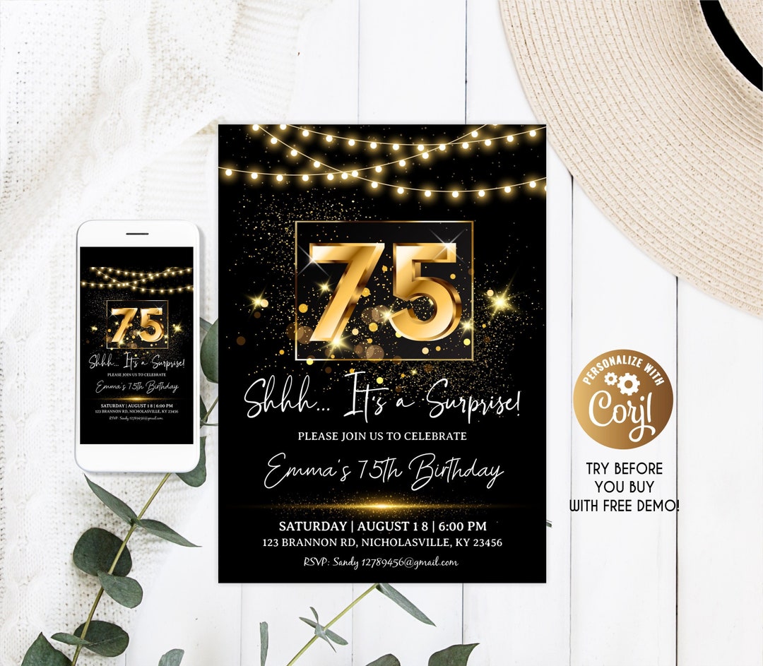75th Birthday Invitation Editable, for Woman, Gold & Dark Birthday ...