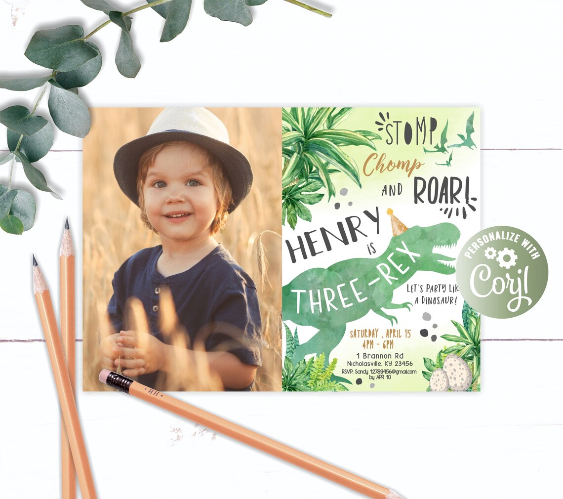 Dinosaur Birthday Invitation Boy With Photo Dinosaur - Etsy