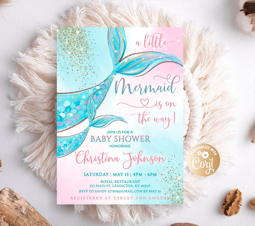 Editable Mermaid Baby Shower Invitations, Gold Pink Mermaid Baby Shower ...
