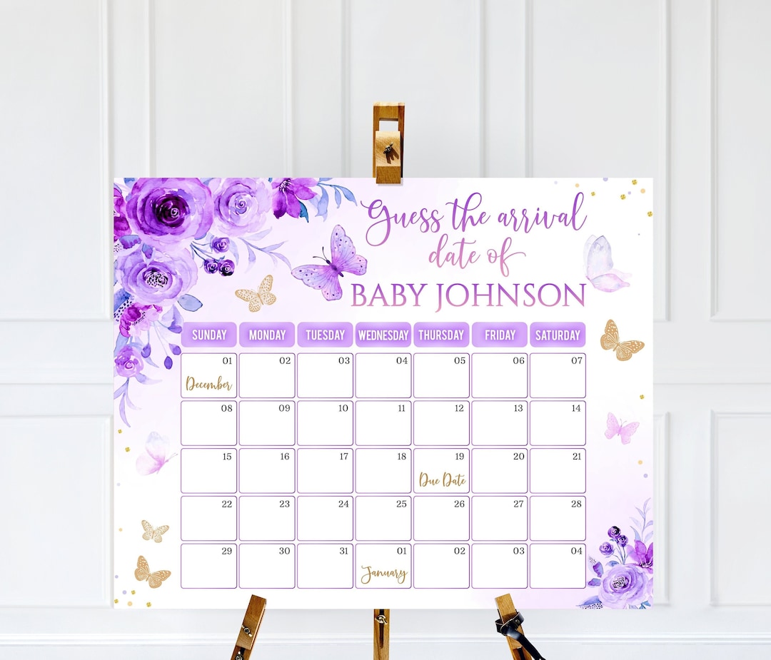 Editable Butterfly Due Date Calendar Purple, Guess the Due Date ...