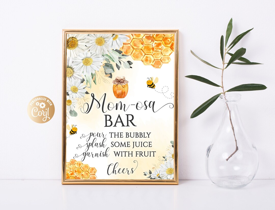 Editable Bee Honey Mom-osa Bar Baby Shower Sign, Bee Mom-osa Gold Bar ...