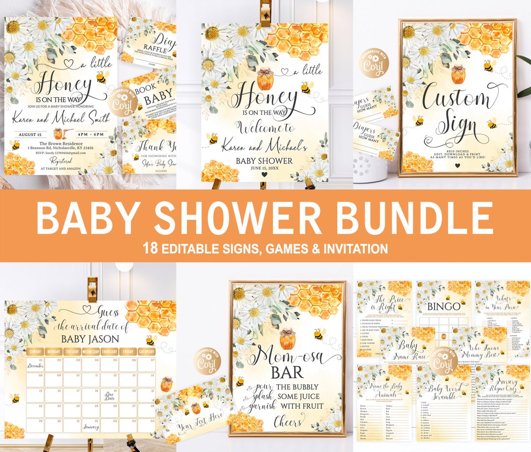 Editable Bee Honey Baby Shower Bundle, Gender Neutral Baby Shower ...