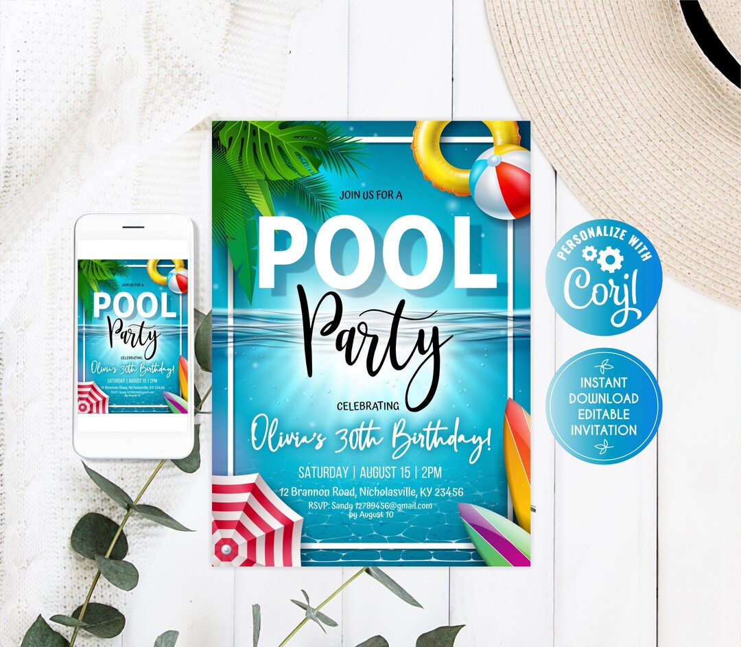 Pool Party Invitation, Pool Party Birthday Invitation, Pool Birthday ...