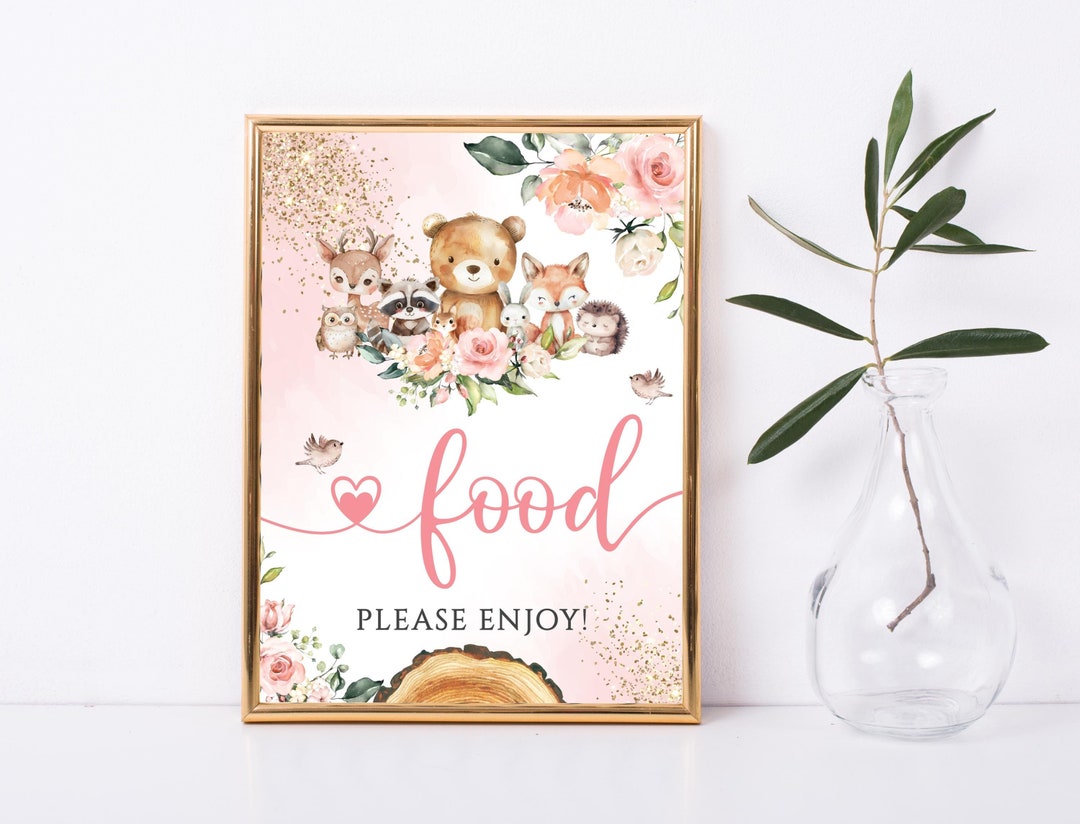 Food Sign Woodland Girl Sign, Woodland Animals Pink Girl Food Table ...