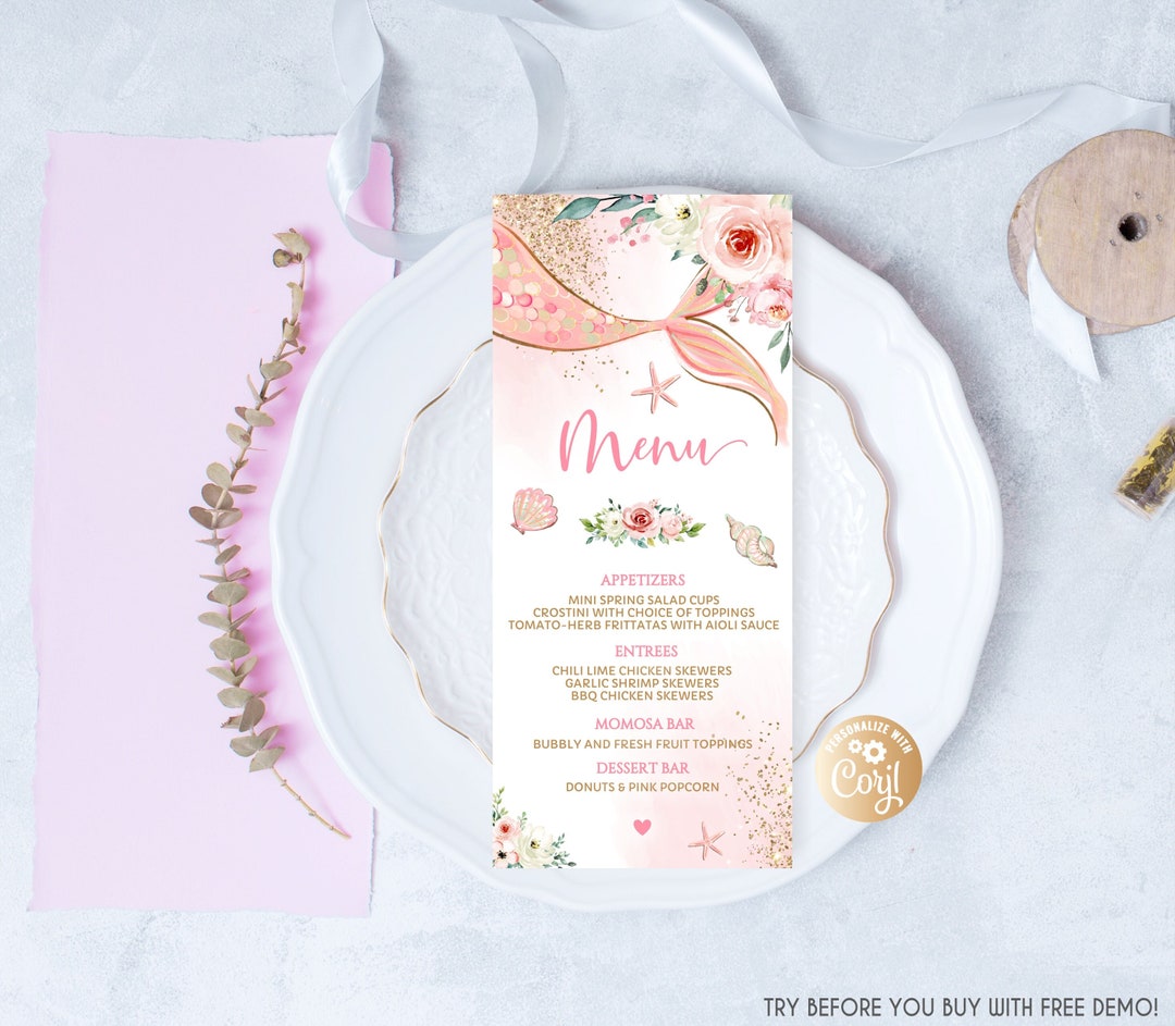 Editable Mermaid Watercolor Pink White Rose Dinner Menu Card, Mermaid ...