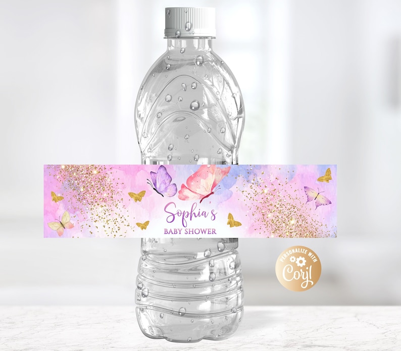 Editable Butterfly Bottle Label Baby Shower, Butterfly Birthday Water ...