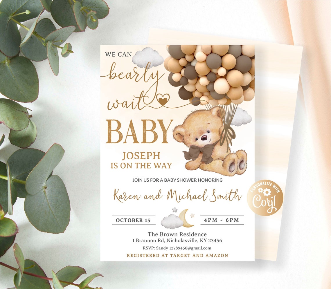 Bear Baby Shower Invitation Boho Bear Balloons Baby Shower - Etsy