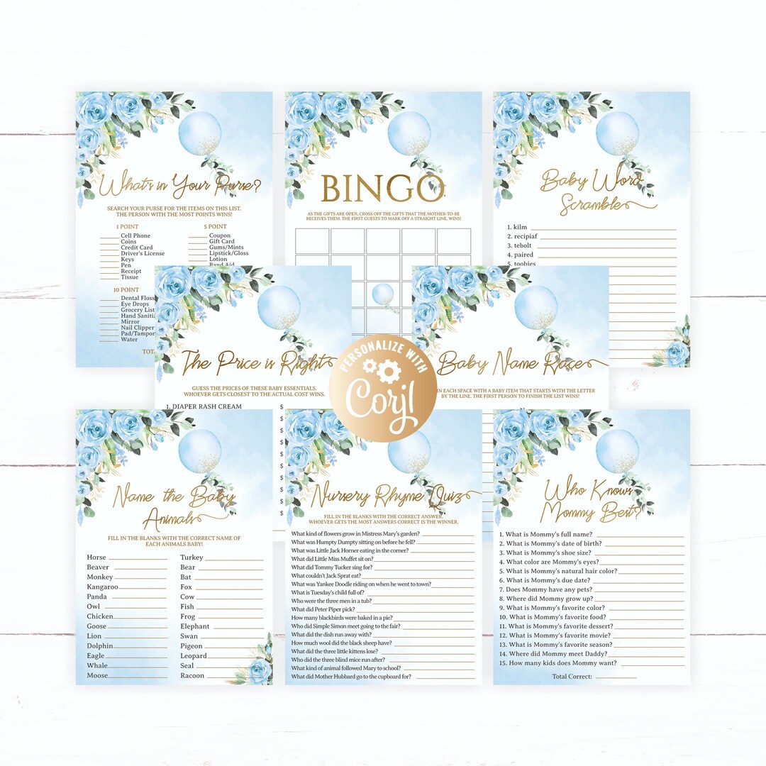Boy Blue Roses Baby Shower Game Package Gold 8 Printable Oh Boy Roses ...