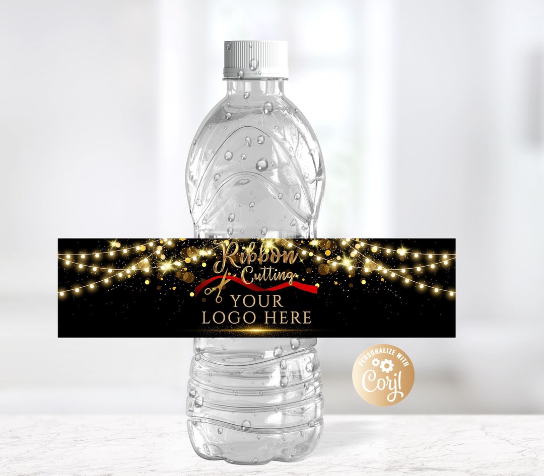 Editable Ribbon Cutting Water Bottle Labels Gold Glitter Black, Grand ...