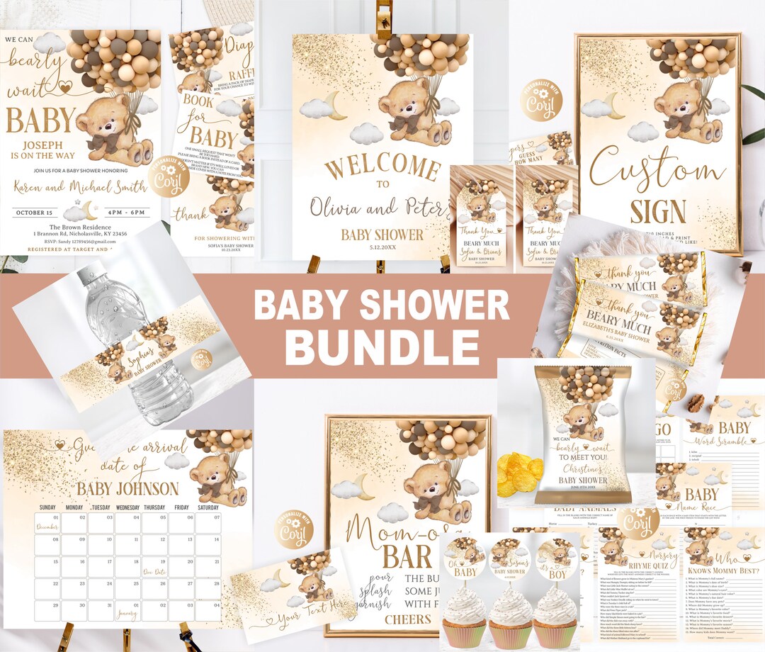 Editable Bear Bundle Baby Shower Brown, Baby Shower Set Bundle Boy ...