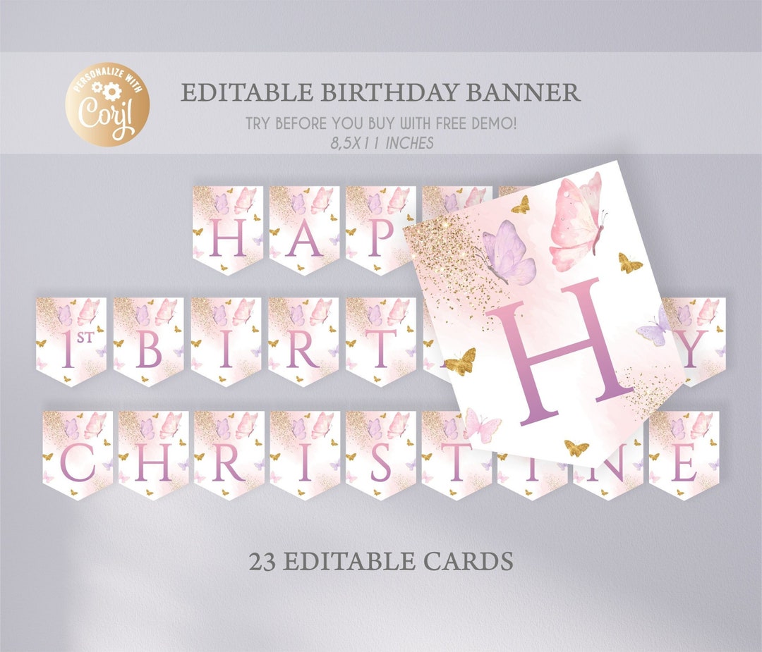 Editable Butterfly Birthday Banner Gold Pink, Butterfly 1st Birthday ...