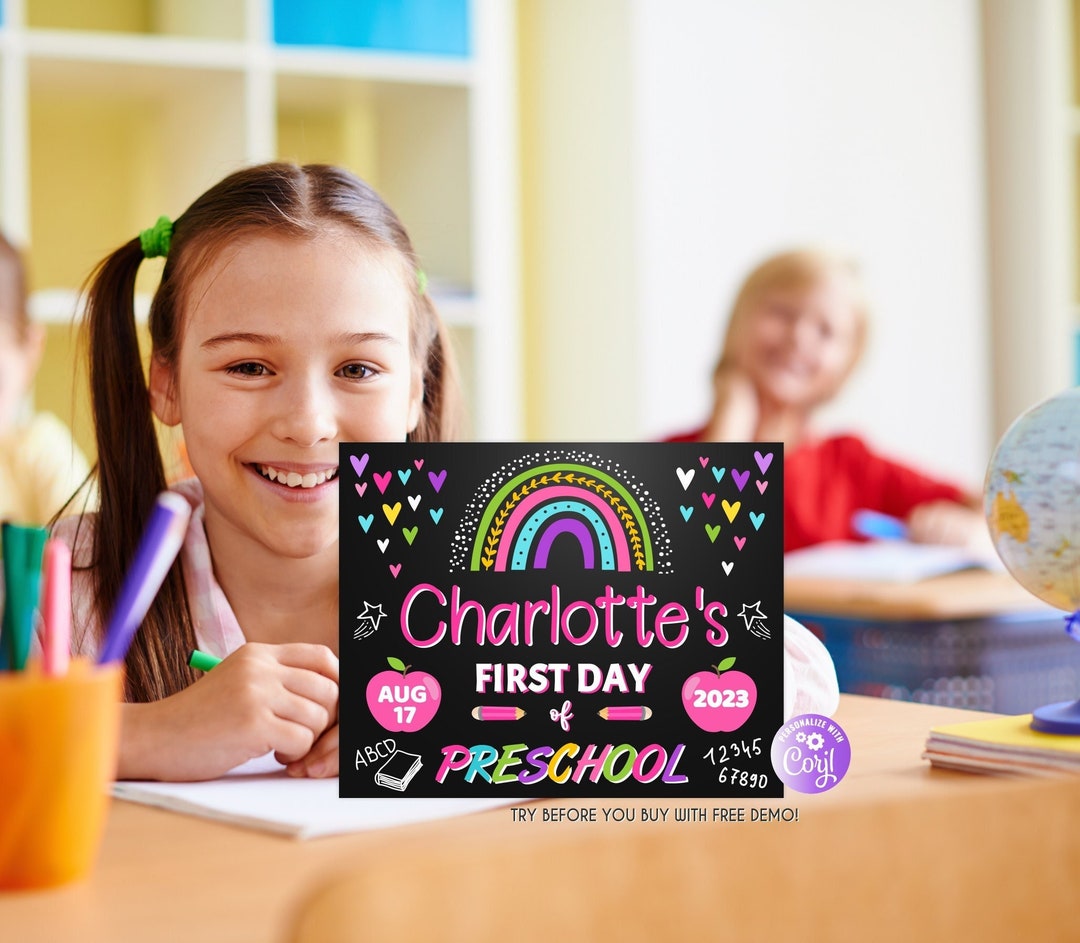 Editable First Day of Preschool Sign Girl, Last Day Preschool Sign Girl ...