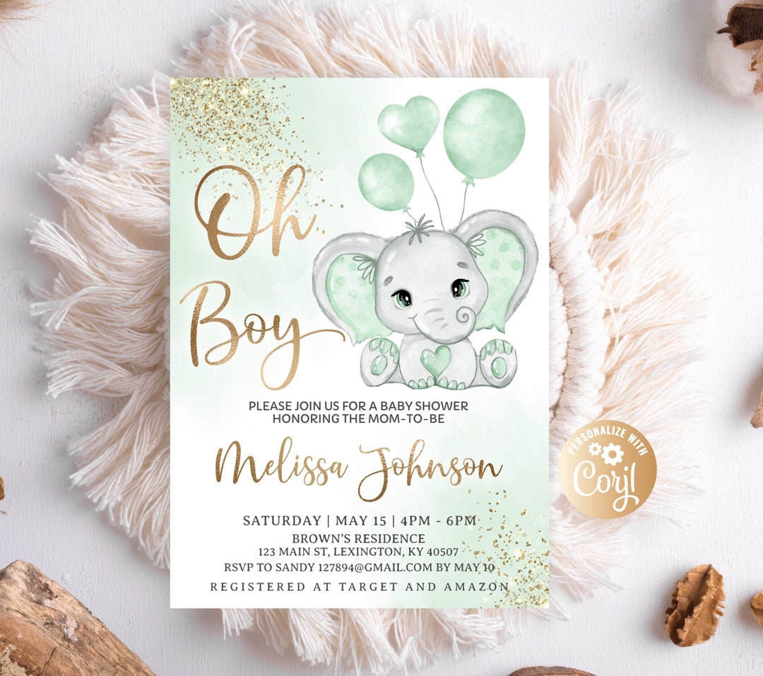 Editable Elephant Green Sage Baby Shower Invitation, Boy Green Baby ...
