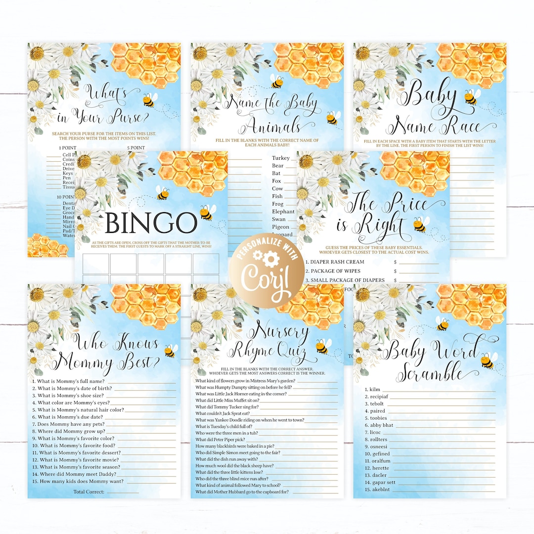 Honey Bee Baby Shower Game Package, 8 Printable Bee Baby Shower Games ...