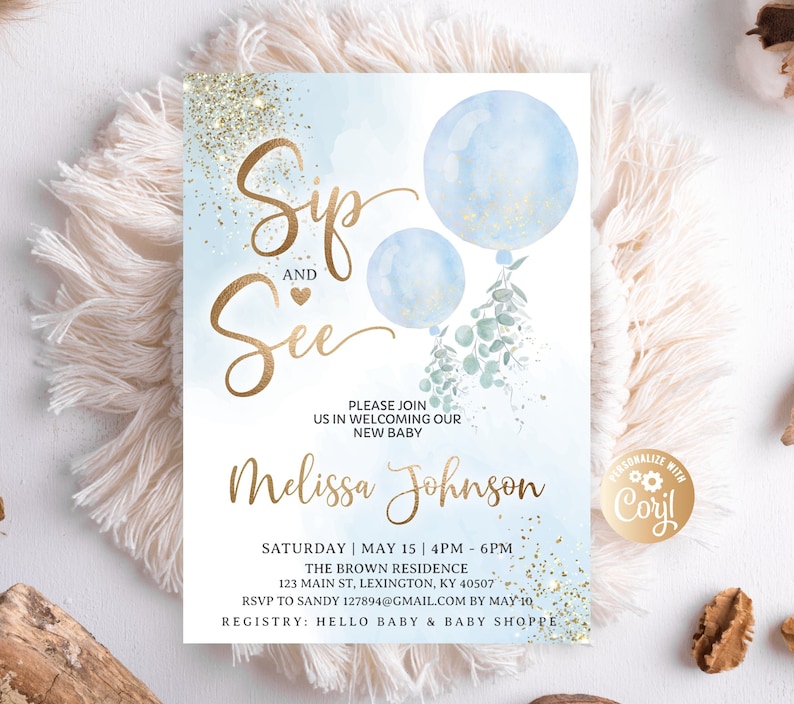 Editable Boy Sip and See Invitation Oh Boy Navy Blue Balloon, Blue Hot ...