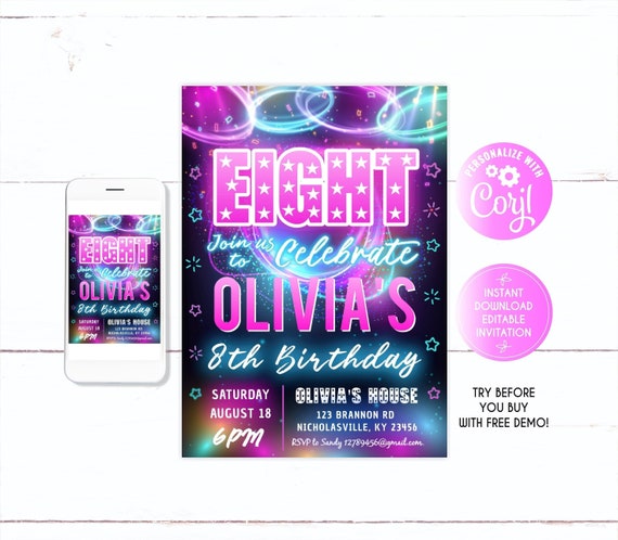 8th Birthday Invitation 8th Birthday 8 Years Old Girl Party | Etsy