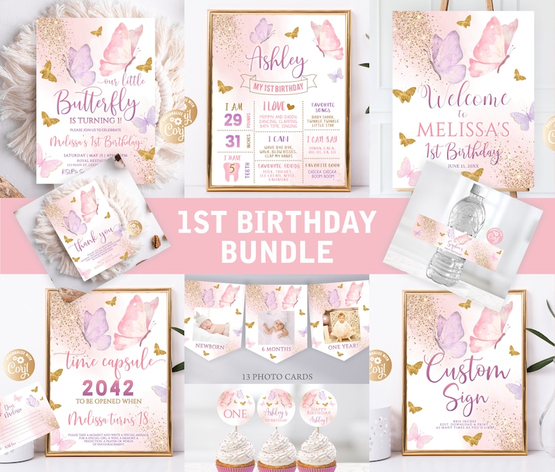 Editable Butterfly 1st Birthday Bundle Girl 1st Birthday - Etsy