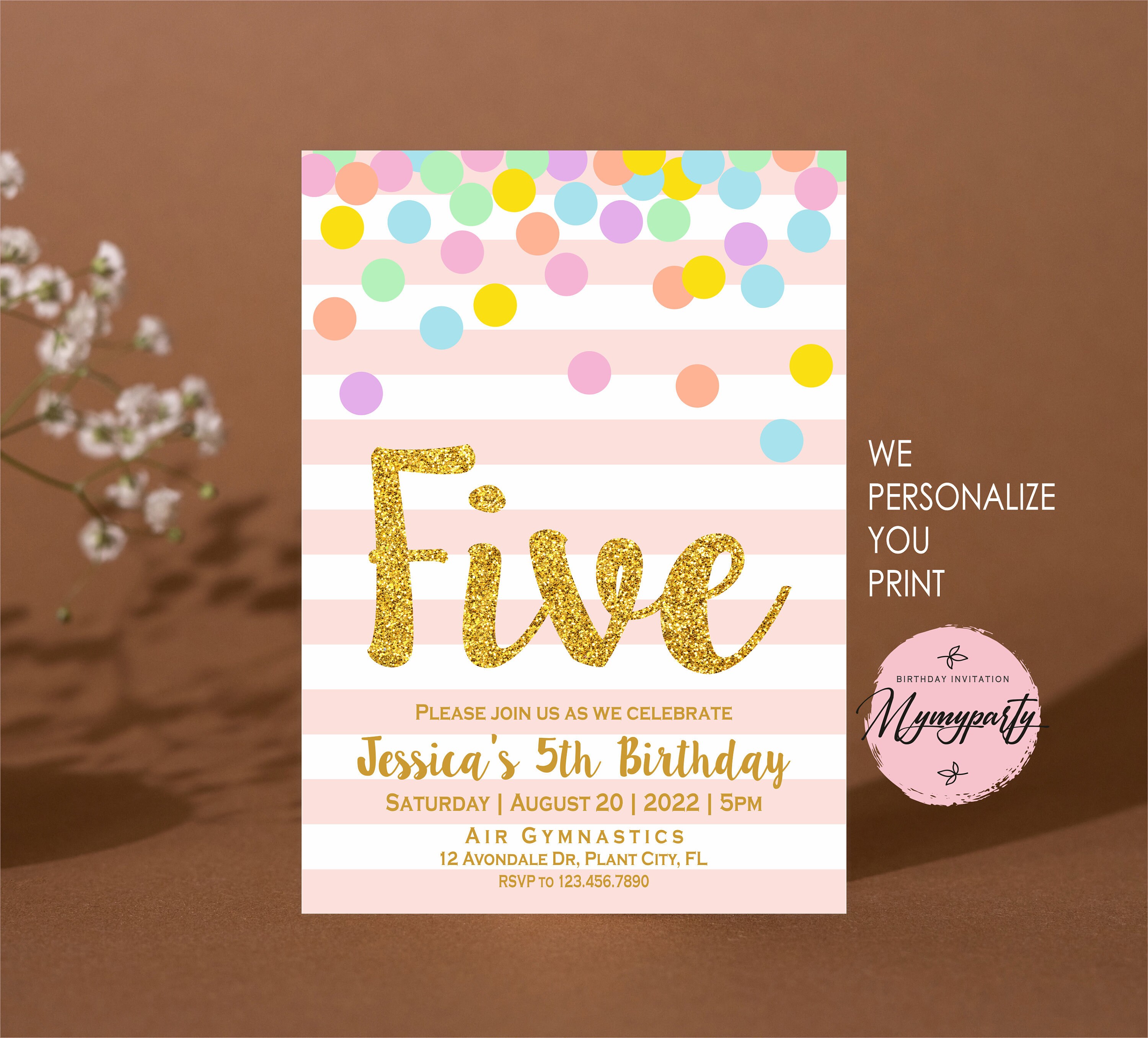 Girl 5th Birthday Invitation, Pink and Gold Fifth Birthday Invitation ...
