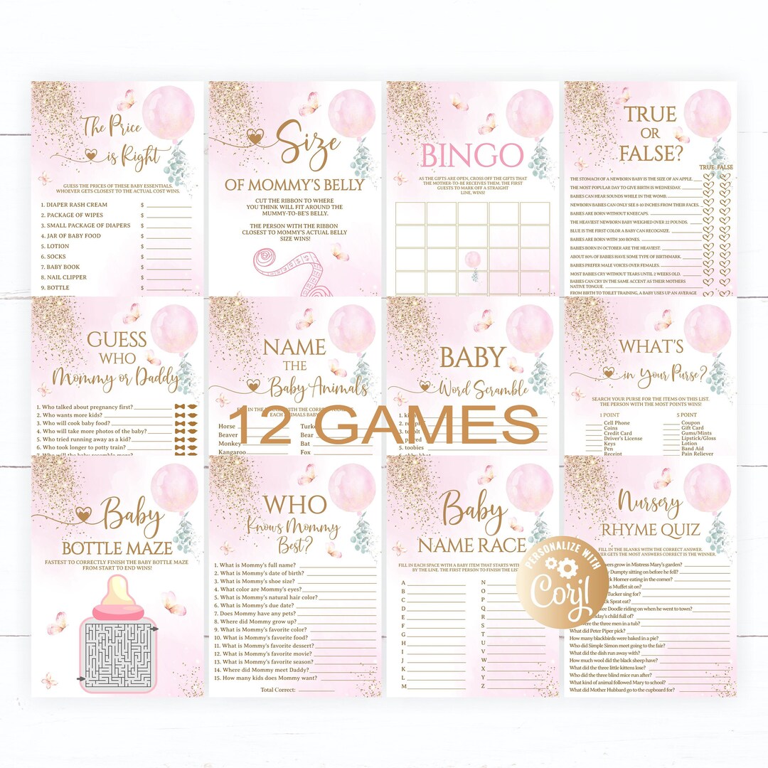 Pink Balloon Baby Shower Games Package Girl Balloon Baby Shower Game ...