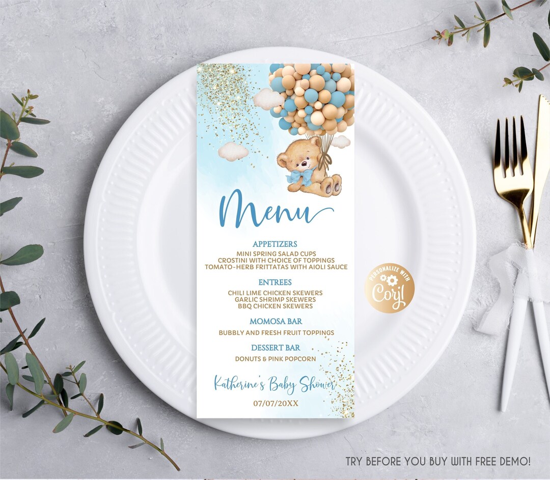 Editable Bear Dinner Menu Card, We Can Bearly Wait Boy Blue Bear Hot ...