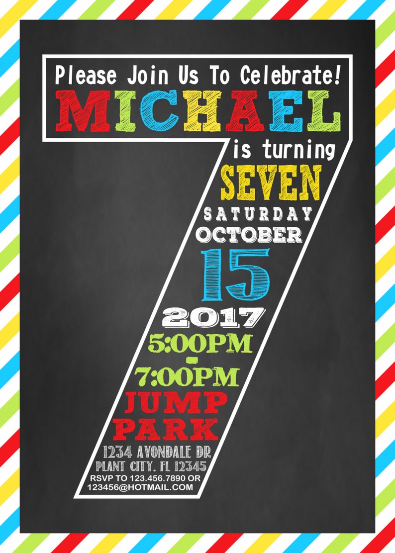 7th Birthday Invitation, Seventh Birthday Invitation, Boy, Сhalkboard ...
