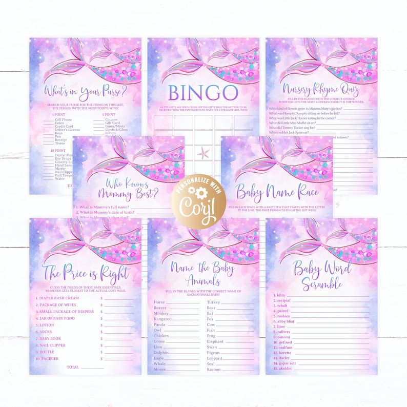Mermaid Baby Shower Game Purple Package, 8 Printable Pink Mermaid Baby ...
