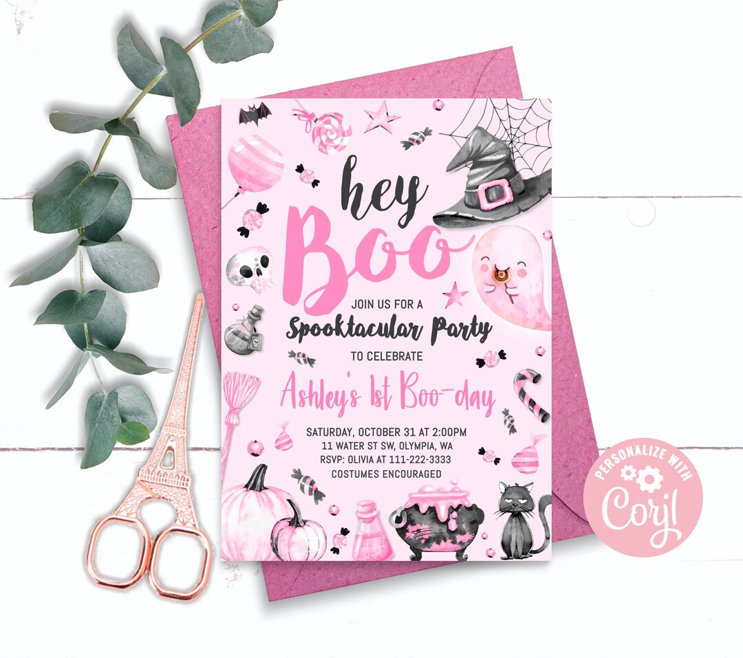 Editable Hey Boo Birthday Party Invitation, Halloween 1st Birthday ...