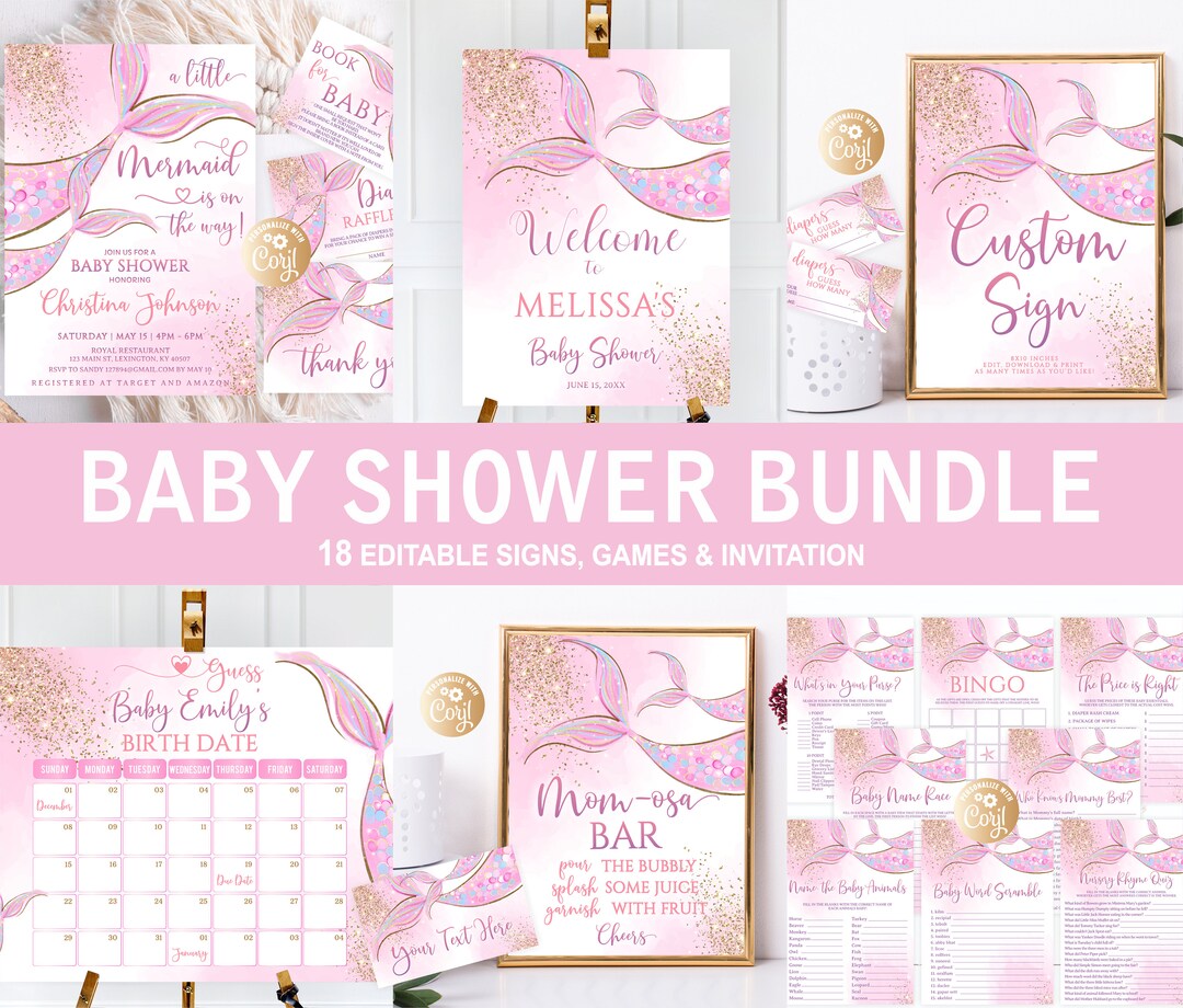 Editable Mermaid Baby Shower Bundle Watercolor, Mermaid Baby Shower Set ...