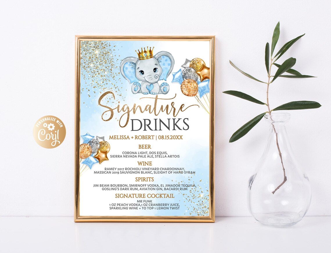 Editable Elephant Boy Gold Crown Glitter Blue Signature Drinks ...