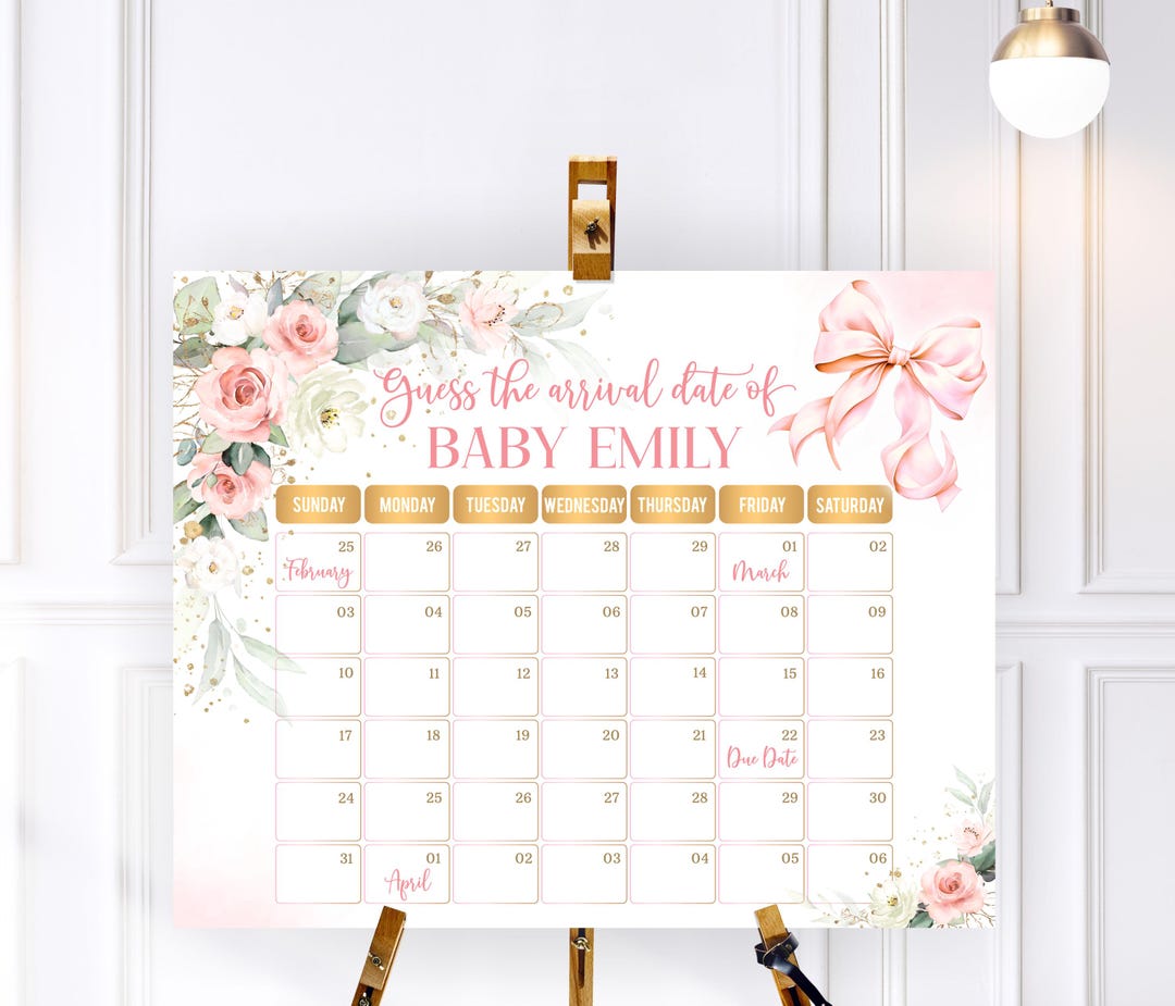 Editable Pink Bow Girl Blush Pink Rose Due Date Calendar, Roses Pink ...