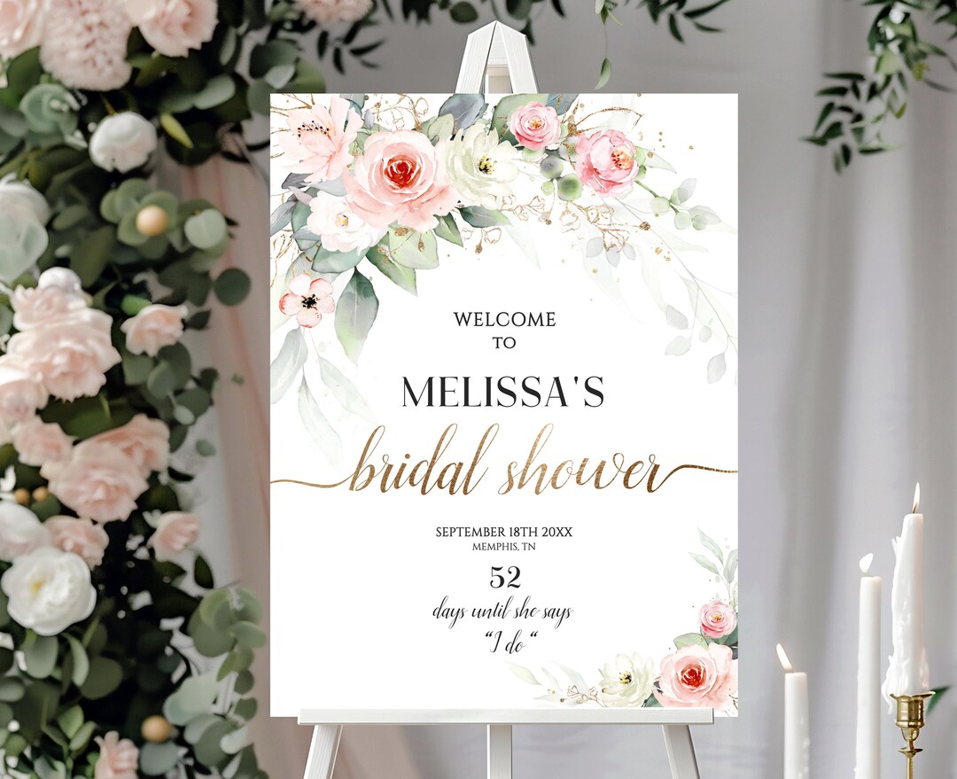 Bridal Shower Welcome Sign Brunch Poster Blush Pink Decor Watercolor ...