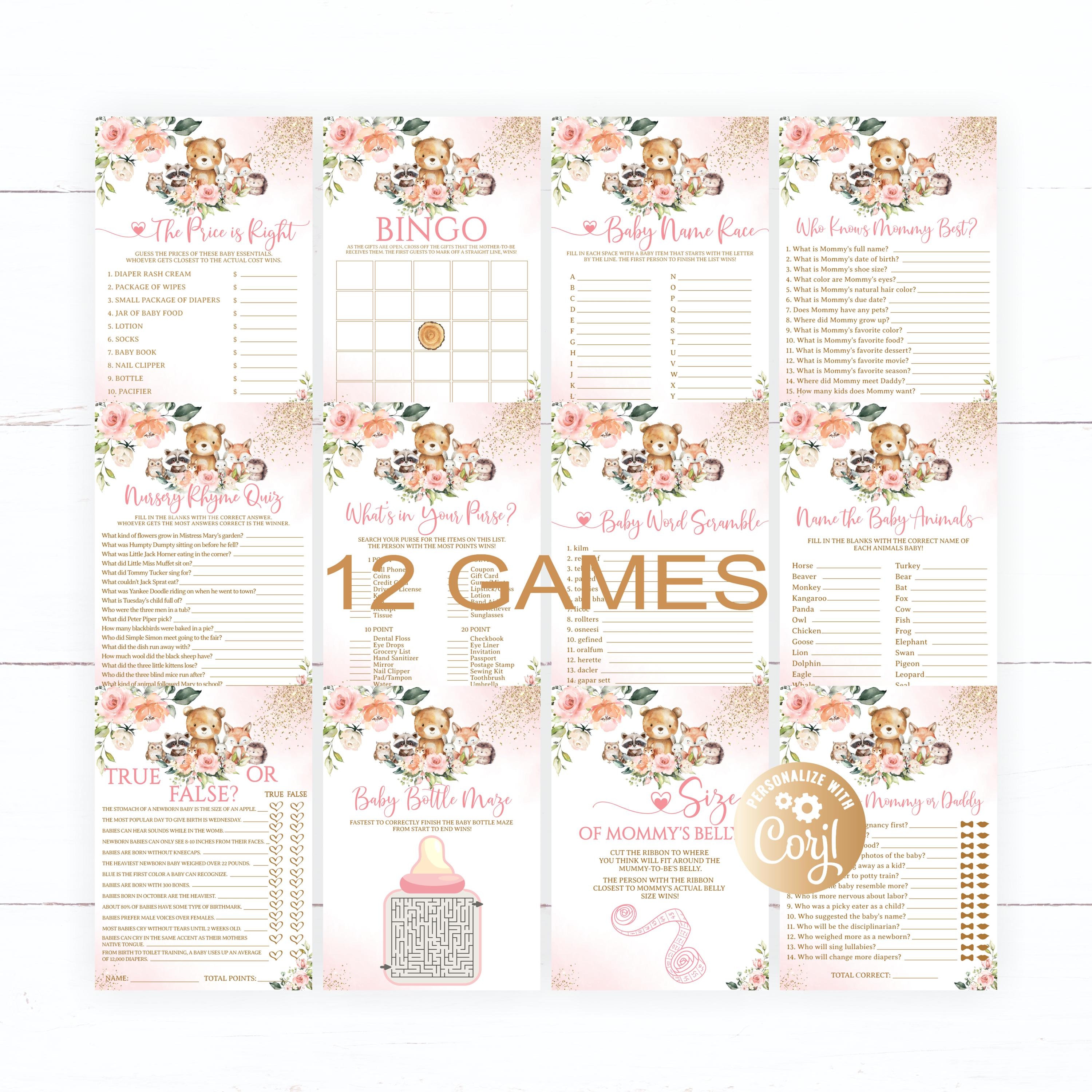 Woodland Rose Pink Baby Shower Games Package, Pink Girl Woodland ...