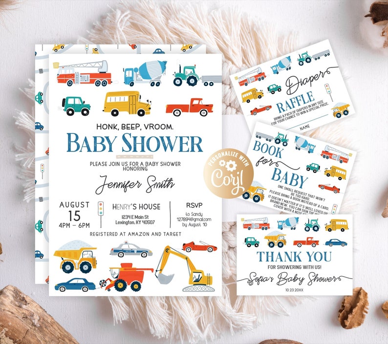 Transportation Baby Shower Set Invitation, Truck Baby Shower Bundle ...