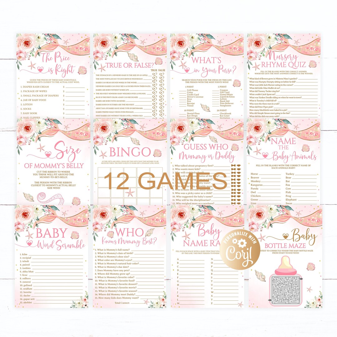 Mermaid Baby Shower Game Package Roses Pink, Watercolor Pink White Rose ...