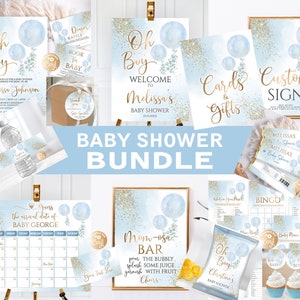 Editable Boy Blue Two Balloons Baby Shower Bundle, Greenery Oh Boy Baby ...