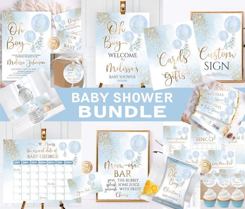 Editable Boy Blue Two Balloons Baby Shower Bundle, Greenery Oh Boy Baby ...