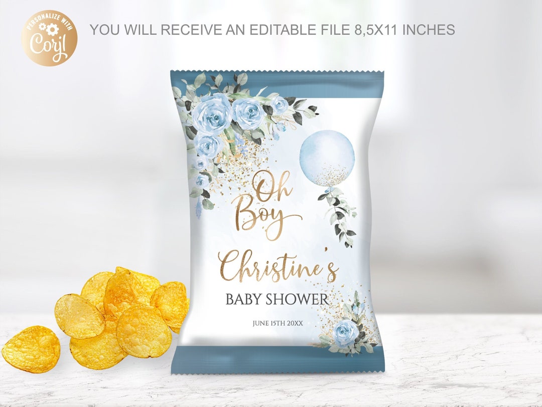 Editable Oh Boy Chip Bags, Blue Roses Balloon Baby Shower Chip Bag ...
