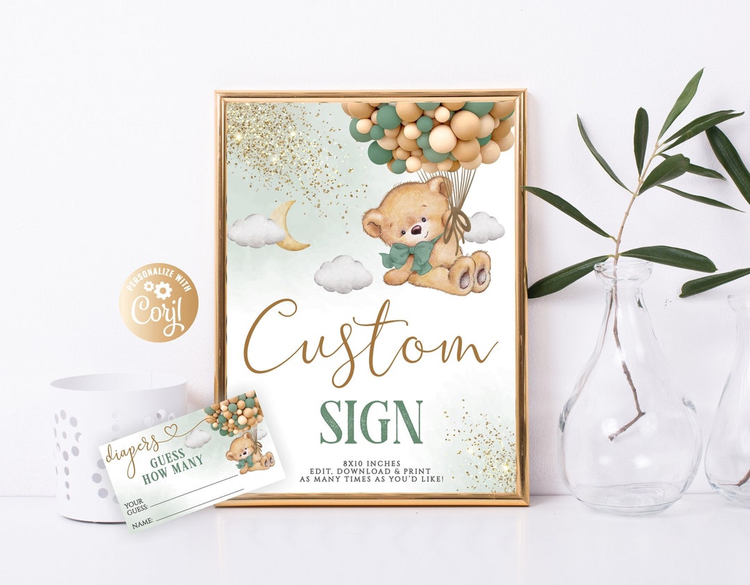 Editable Bear Custom Sign, Bear Birthday Decor, Bear Diaper Cake Game ...
