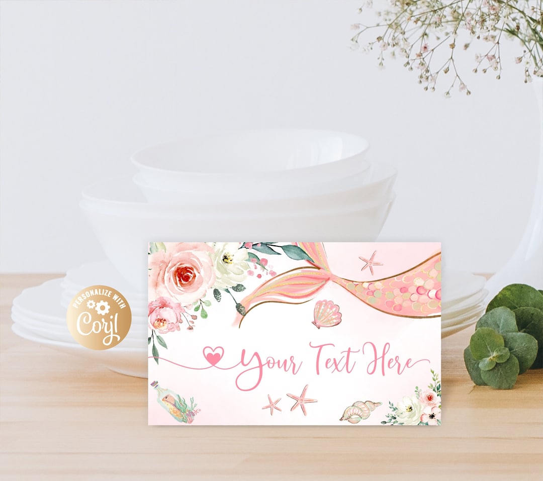 Mermaid Print Food Labels Watercolor Pink White Rose, Editable Mermaid ...