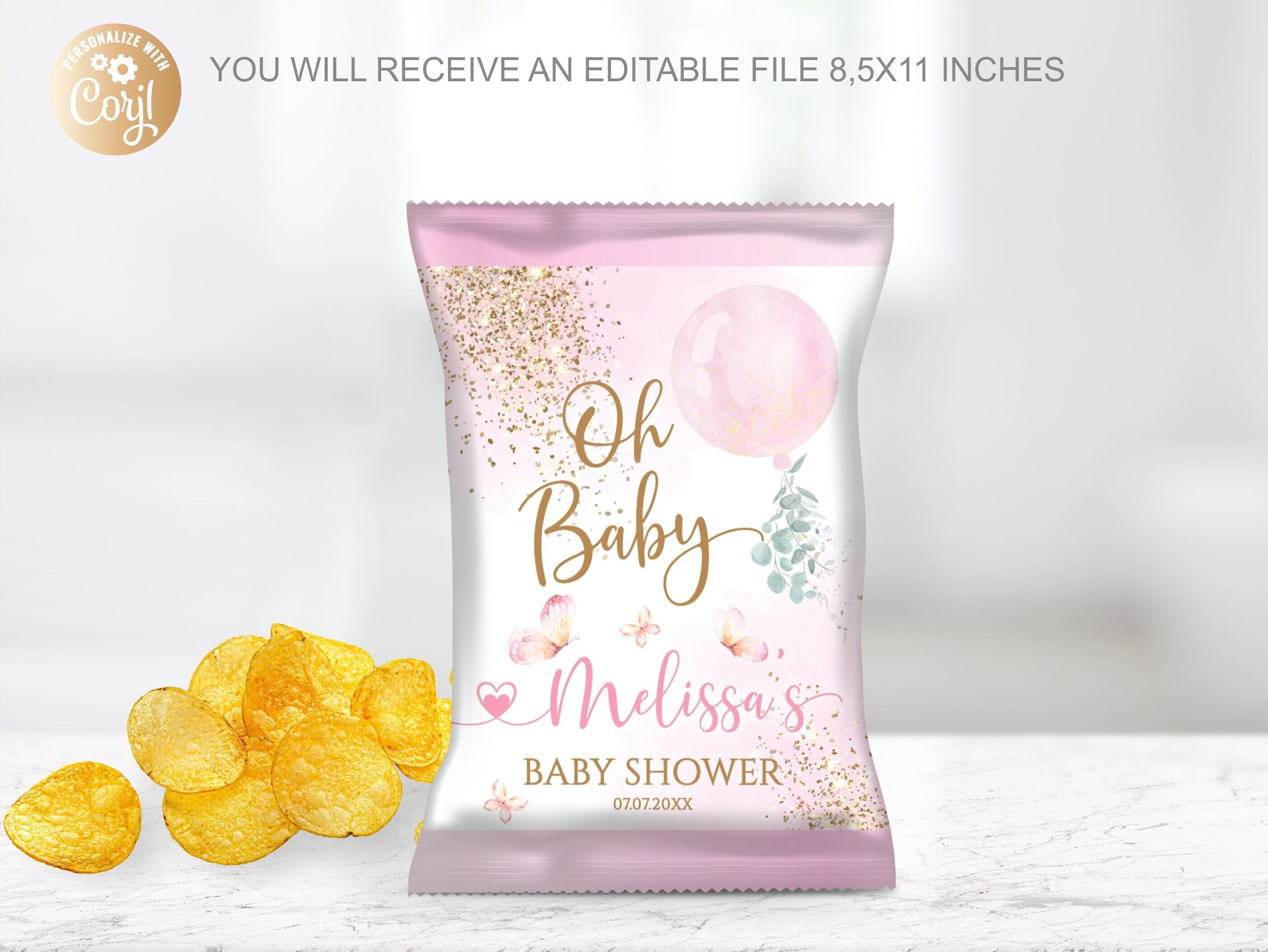 Editable Pink Balloon Girl Chip Bags, Oh Baby Chip Bag Gold Glitter ...