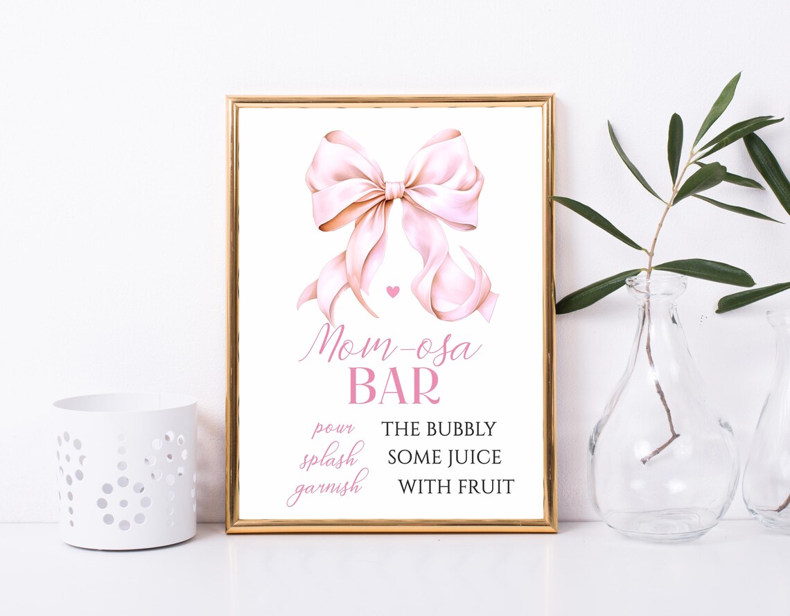 Girl Pink Bow Mom-osa Bar Baby Shower Sign, Pink Bow Coquette Mom-osa ...