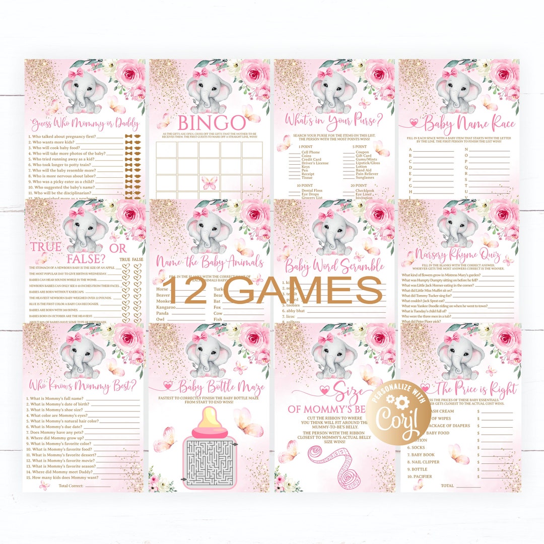 Elephant Rose Hot Pink Baby Shower Games Package, Roses Pink Gold Baby ...