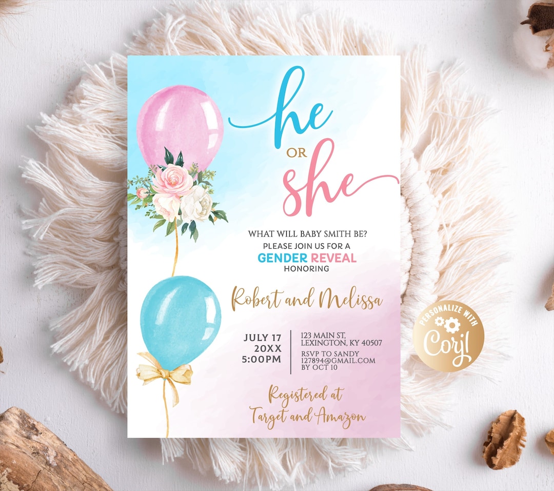 Balloons Gender Reveal Invitation, Watercolor Gender Reveal Invitation ...