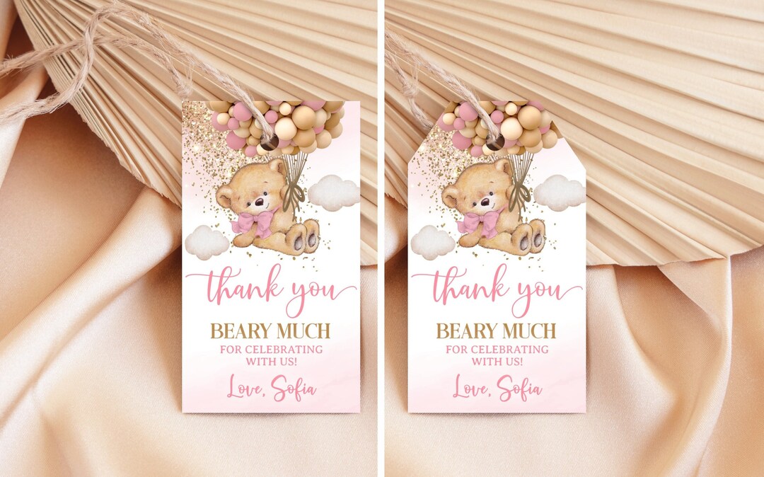 Editable Bear Favor Tags Birthday Pink, Party Favors Tag Bear Girl ...