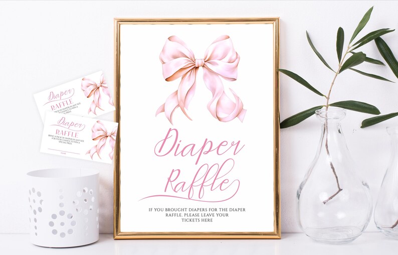 Girl Pink Bow Diaper Raffle Sign Blush Pink Bow Coquette Ribbon Bow ...